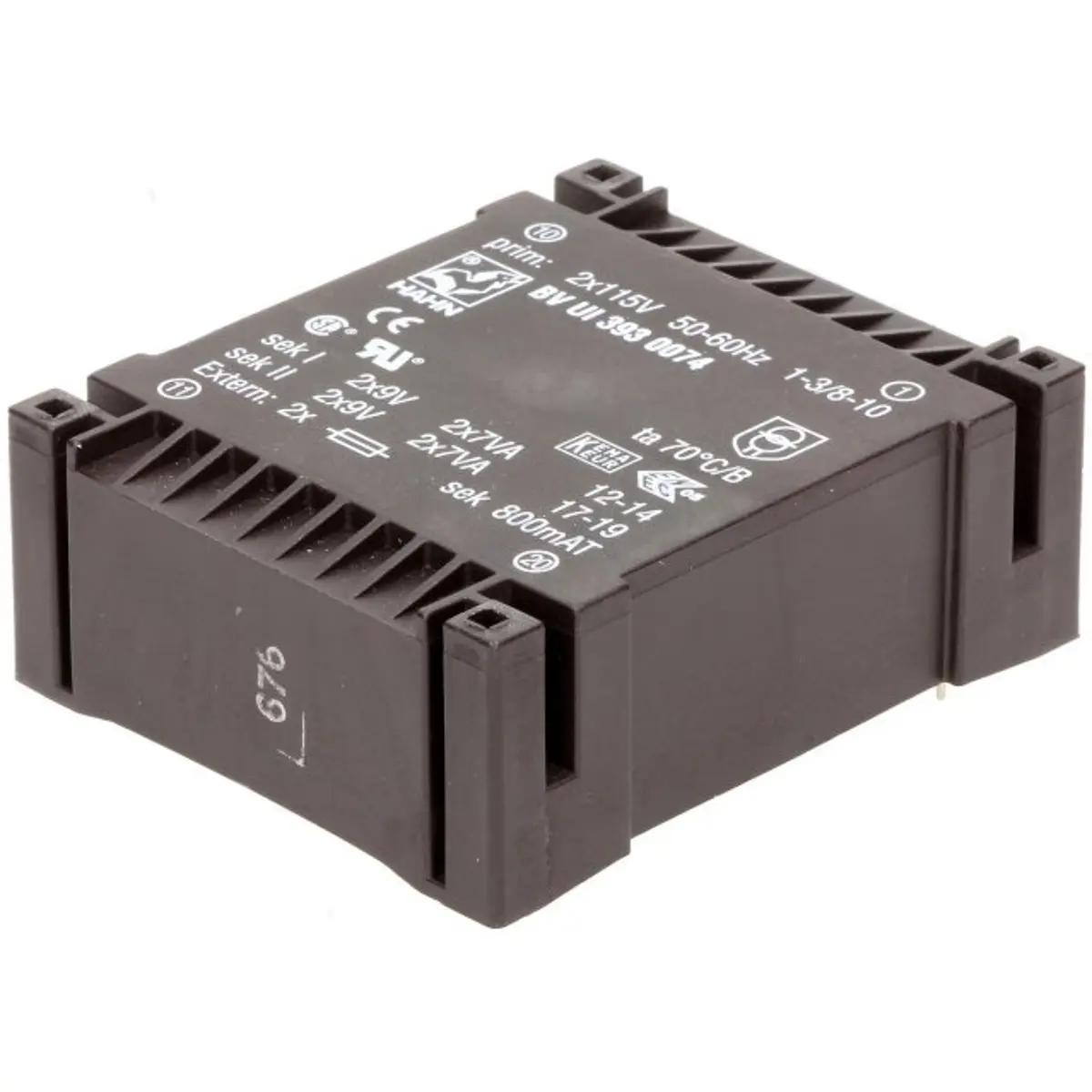 Transformador encapsulado para PCB 115/115VAC 9V+9V 14VA 778mA — Mauser